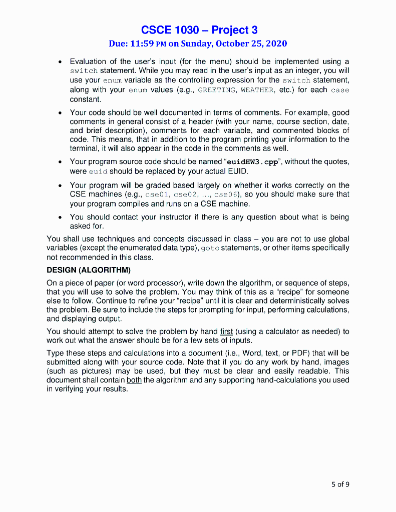 . CSCE 1030 – Project 3 Due: 11:59 PM on Sunday, | Chegg.com