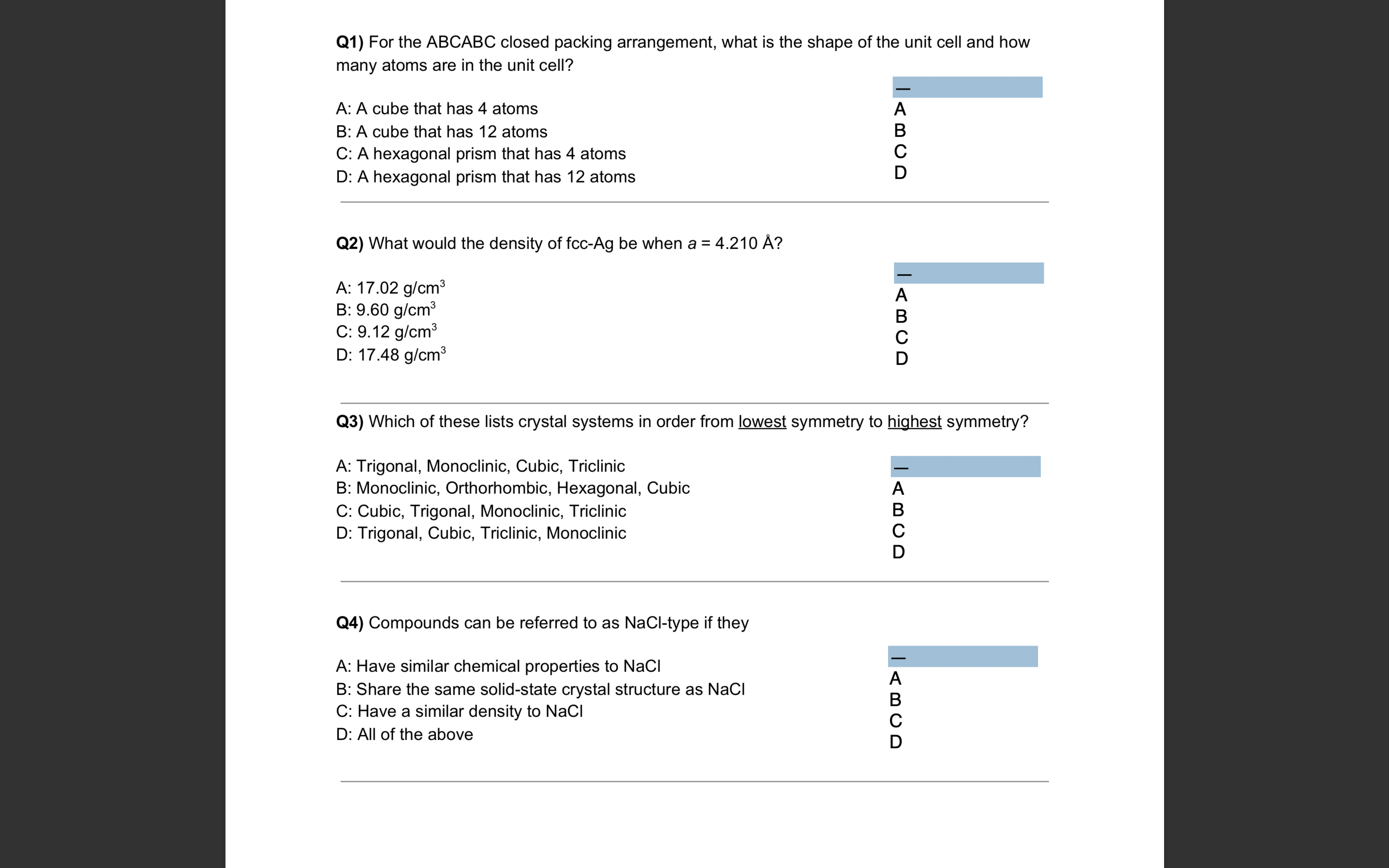 Solved Q1) For the ABCABC closed packing arrangement, what | Chegg.com