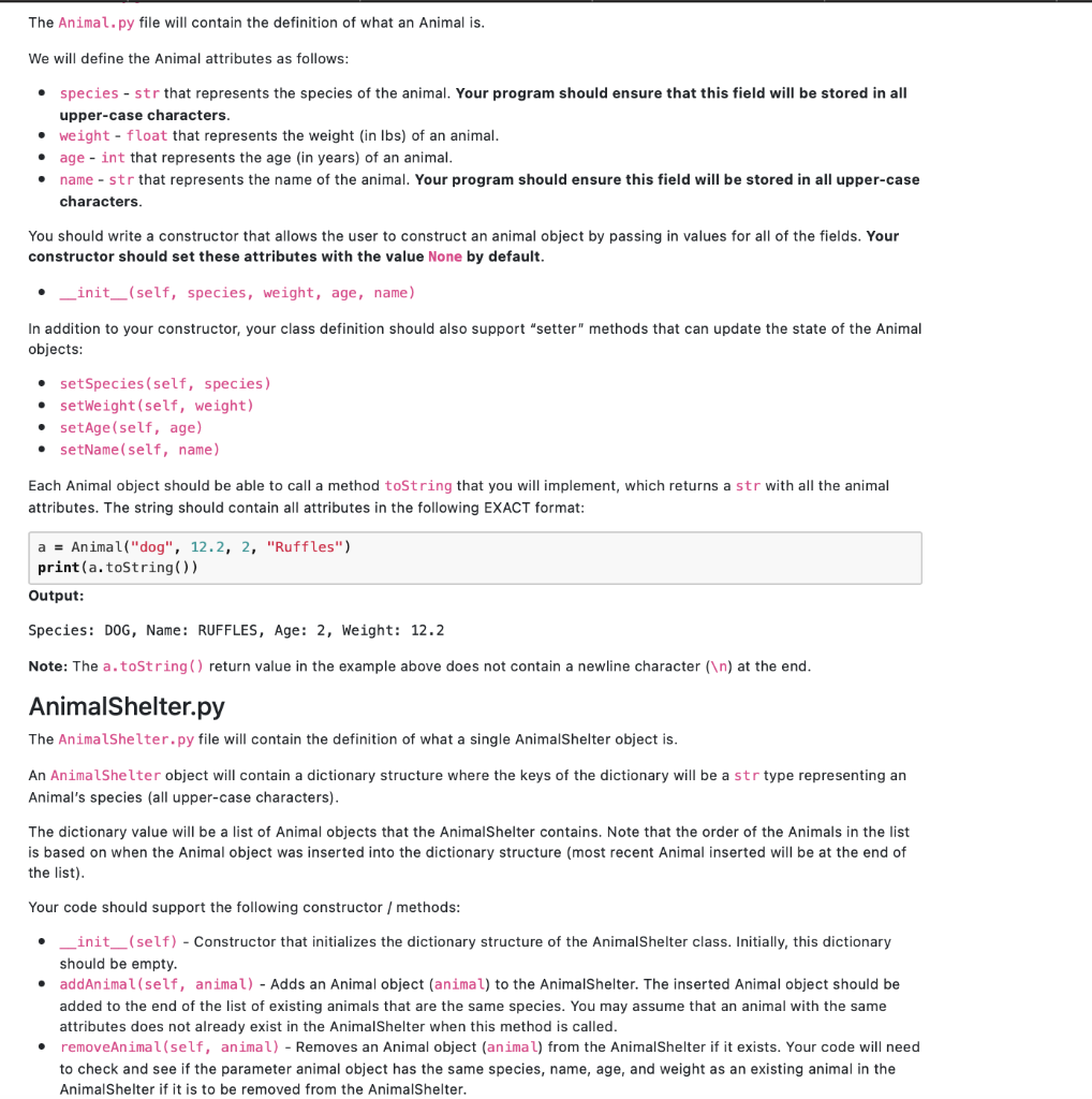 Solved The Animal.py file will contain the definition of | Chegg.com