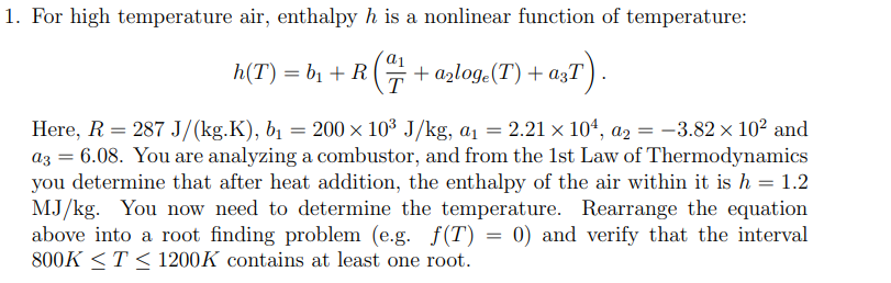 Solved For high temperature air, enthalpy h is a nonlinear | Chegg.com