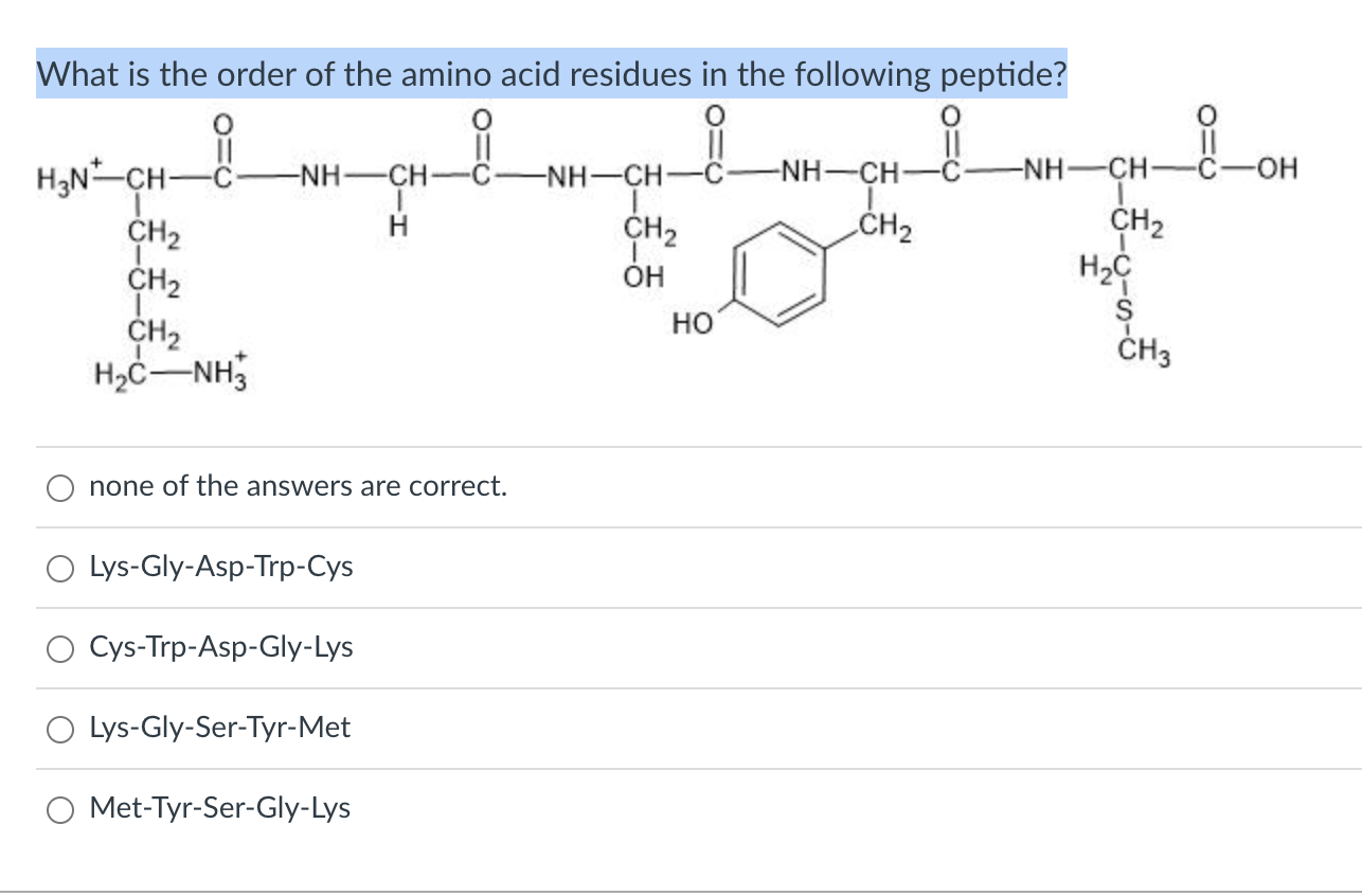 Solved What is the order of the amino acid residues in the | Chegg.com