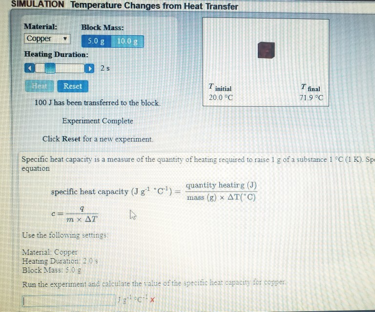 Solved SIMULATION Temperature Changes from Heat Transfer | Chegg.com