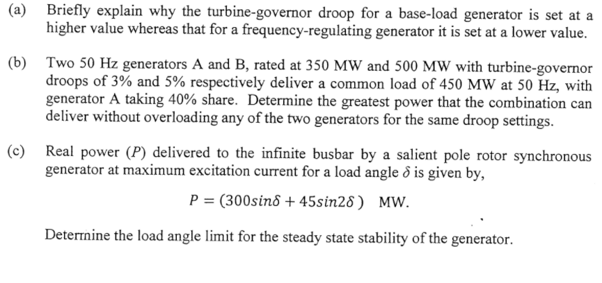 Solved (a) Briefly explain why the turbine-governor droop | Chegg.com