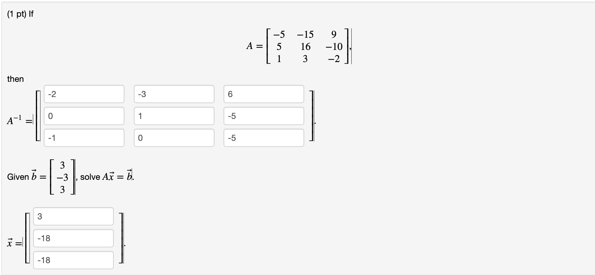 Solved (1 pt) If A=⎣⎡−551−151639−10−2⎦⎤, then A−1=[ Given | Chegg.com