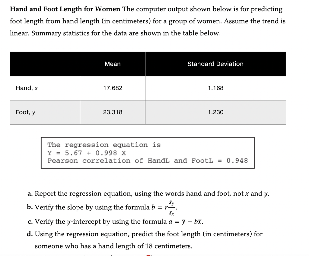 Solved Hand and Foot Length for Women The computer output | Chegg.com