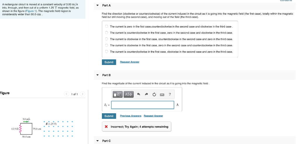 Solved Part A A rectangular circuit is moved at a constant | Chegg.com