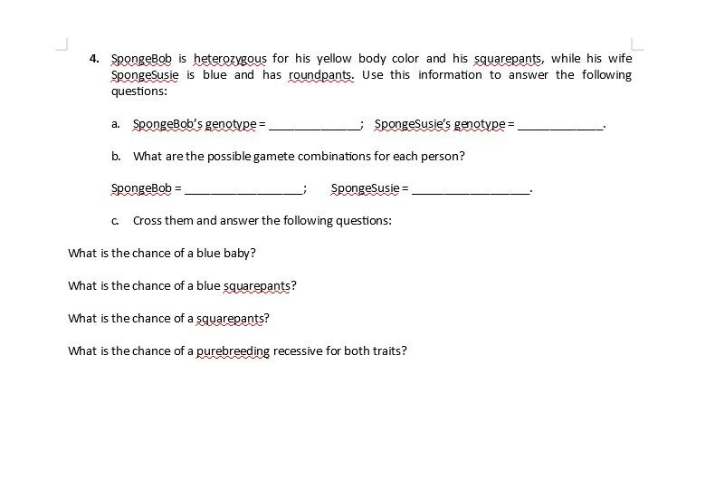 Solved 4. SpongeBob is heterozygous for his yellow body | Chegg.com