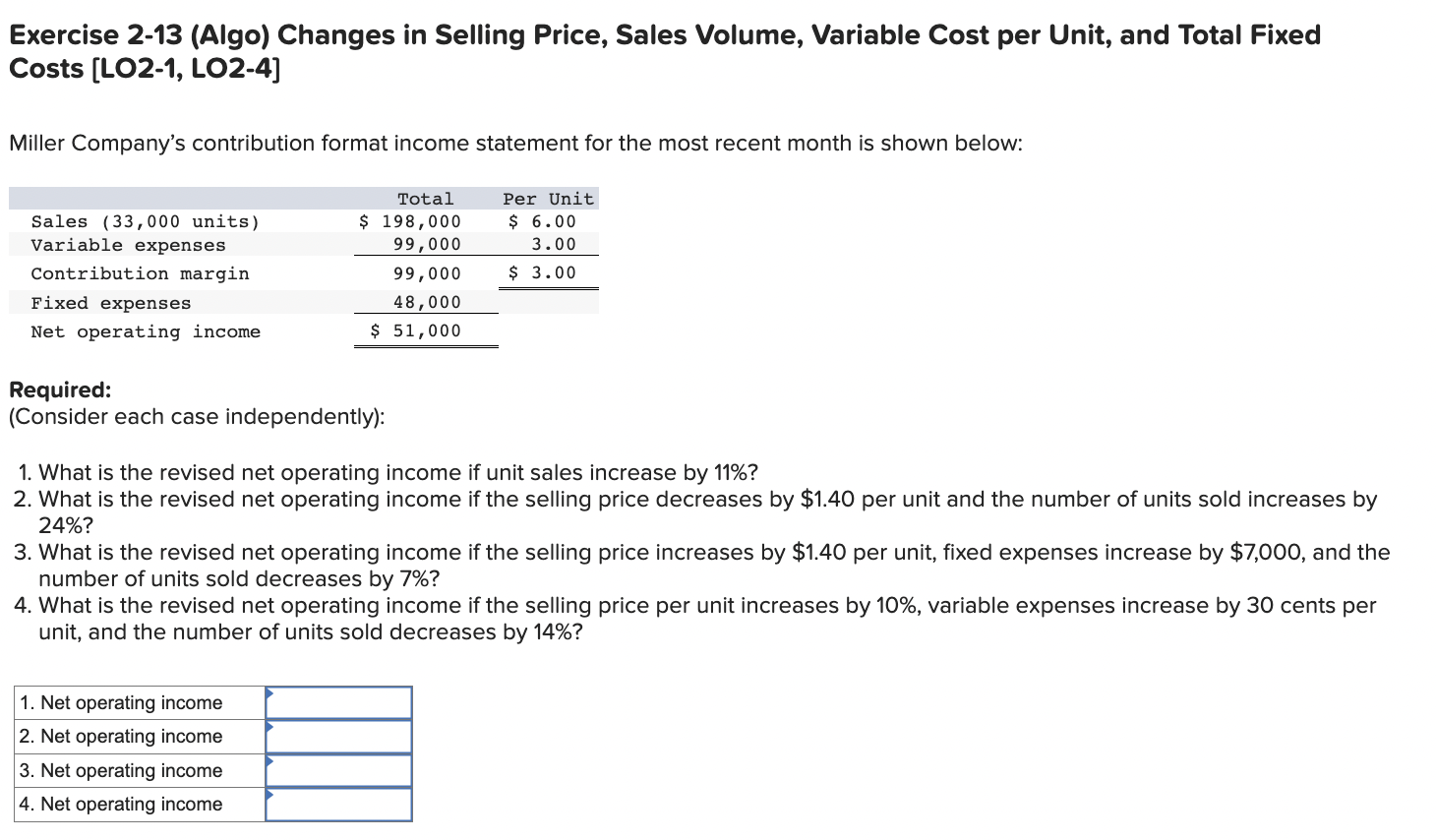 Solved Exercise 2-13 (Algo) Changes in Selling Price, Sales | Chegg.com