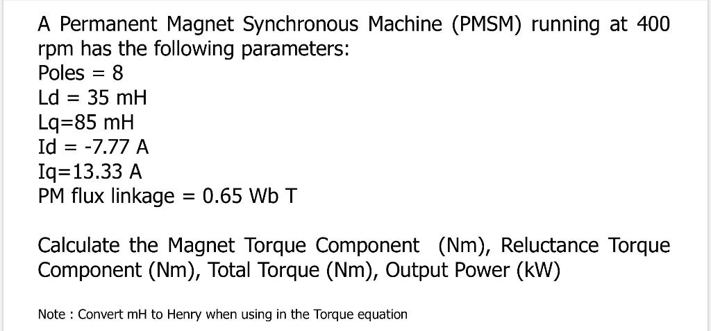 Solved A Permanent Magnet Synchronous Machine (PMSM) running | Chegg.com