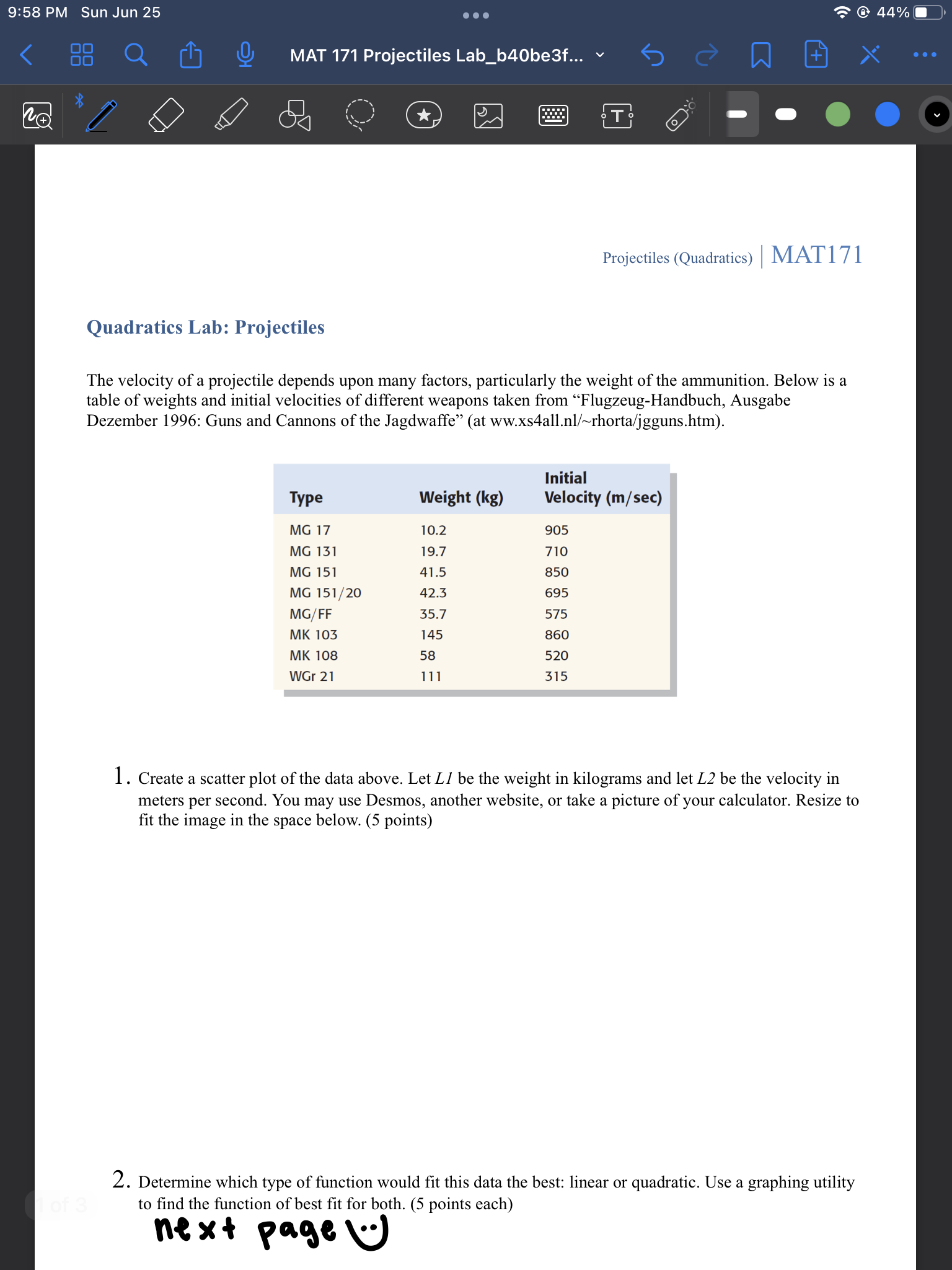Quadratics Lab: Projectiles The velocity of a | Chegg.com