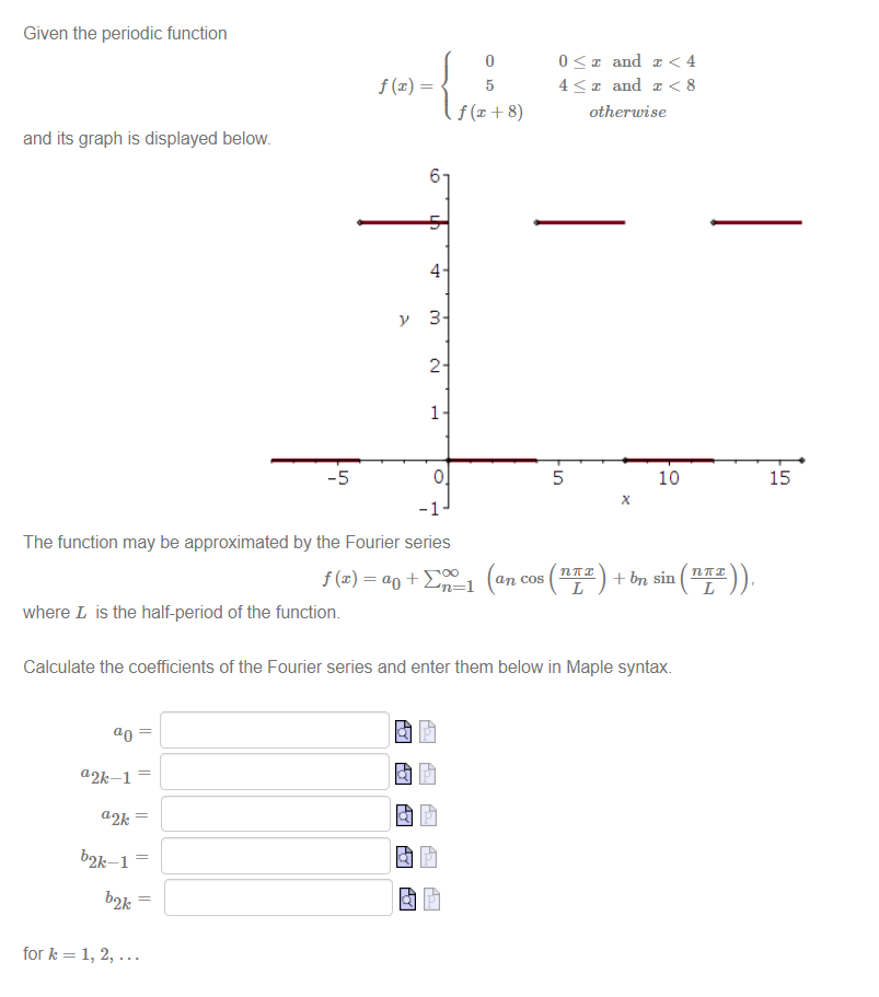 Solved Given the periodic function f(x)=⎩⎨⎧05f(x+8)0≤x and | Chegg.com