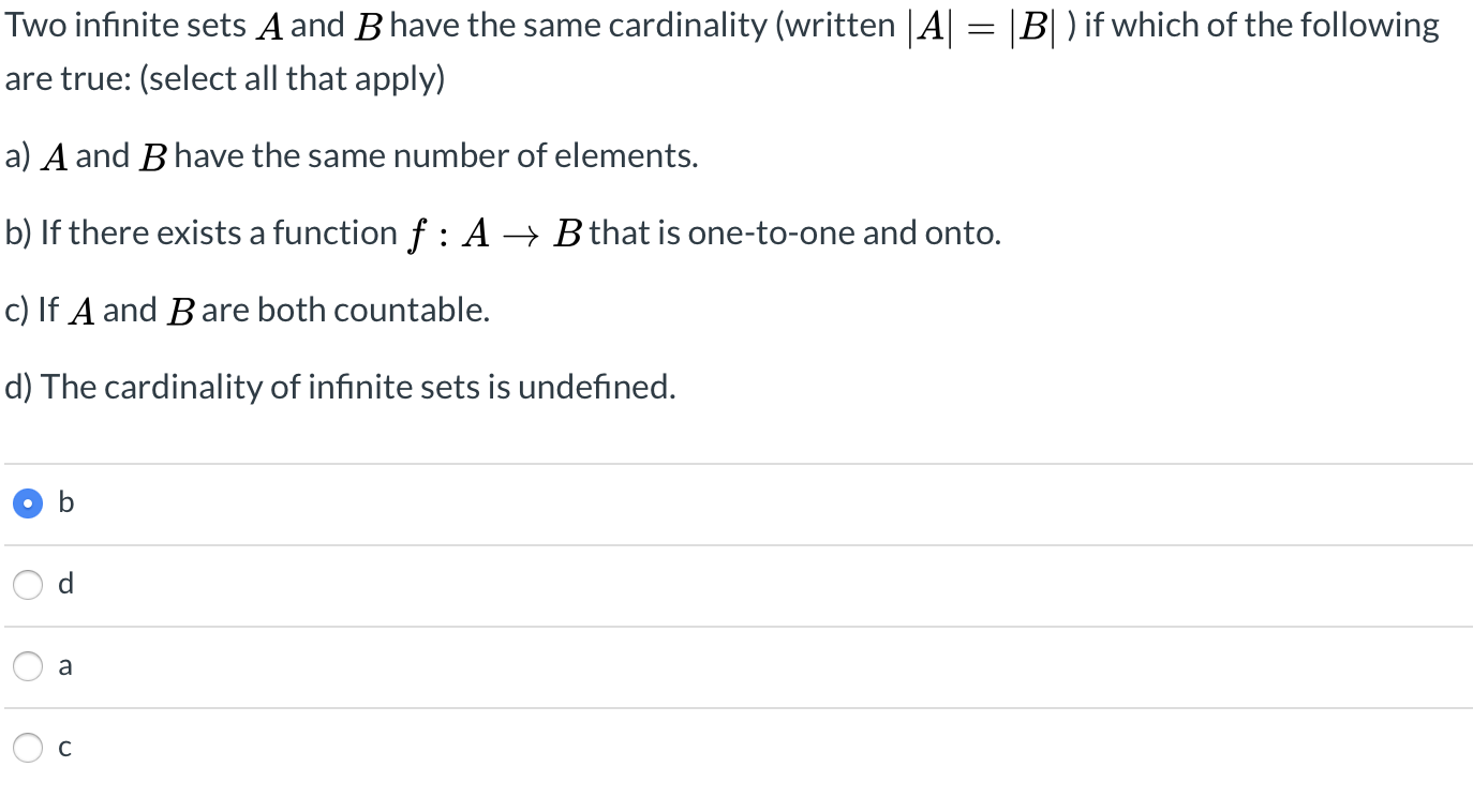 Solved Two Infinite Sets A And B Have The Same Cardinality