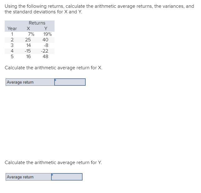 Solved Using the following returns, calculate the arithmetic | Chegg.com