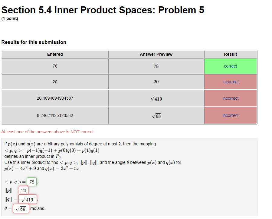 Solved Section 5.4 Inner Product Spaces: Problem 5 (1 point) | Chegg.com
