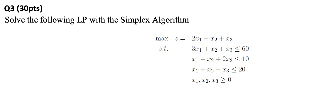 Solved Q3 (30 pts) Solve the following LP with the Simplex | Chegg.com