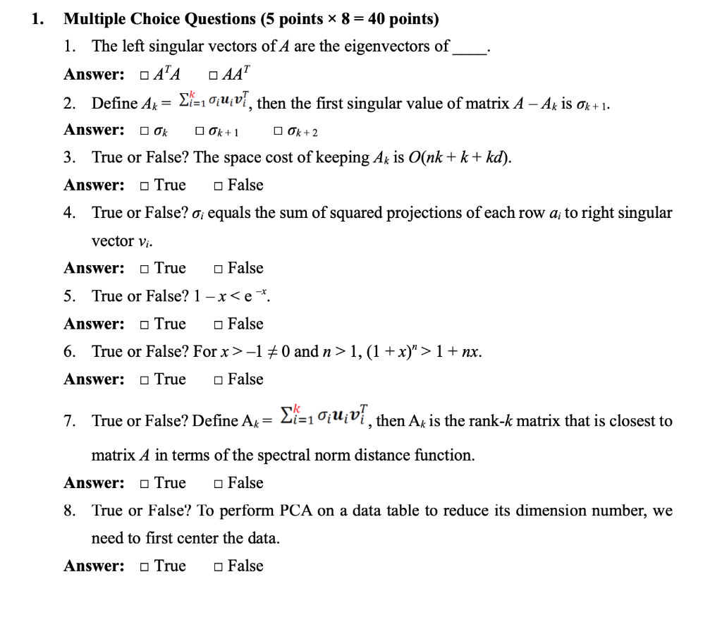 Solved 1. Multiple Choice Questions (5 points x 8 = 40 | Chegg.com