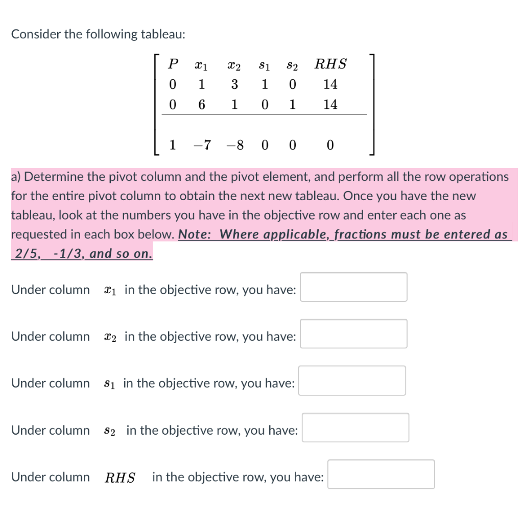 Solved A Determine The Pivot Column And The Pivot Element