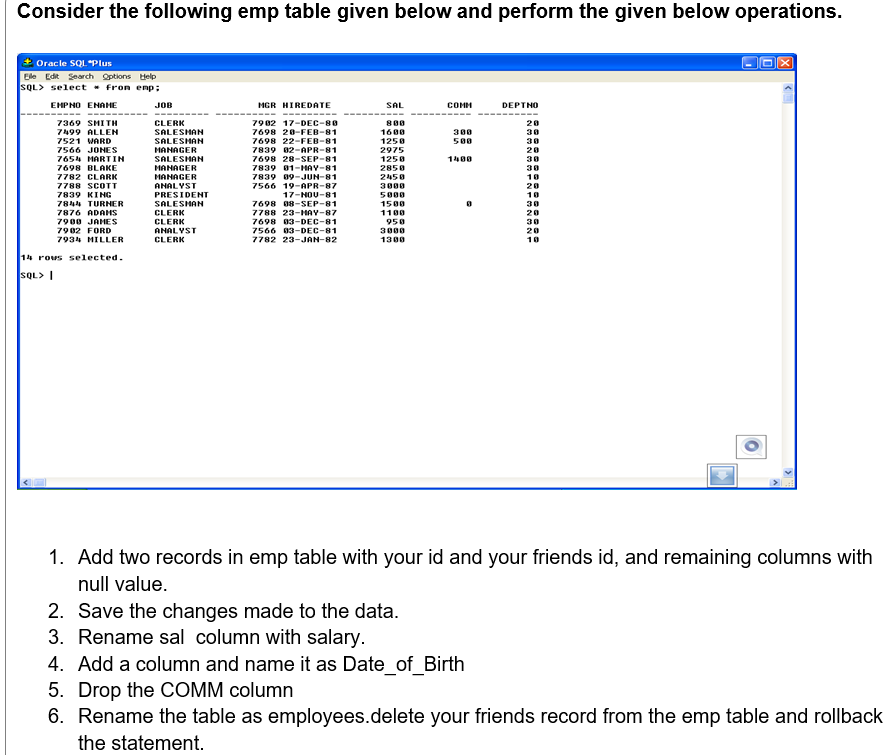 Solved Consider the following emp table given below and | Chegg.com