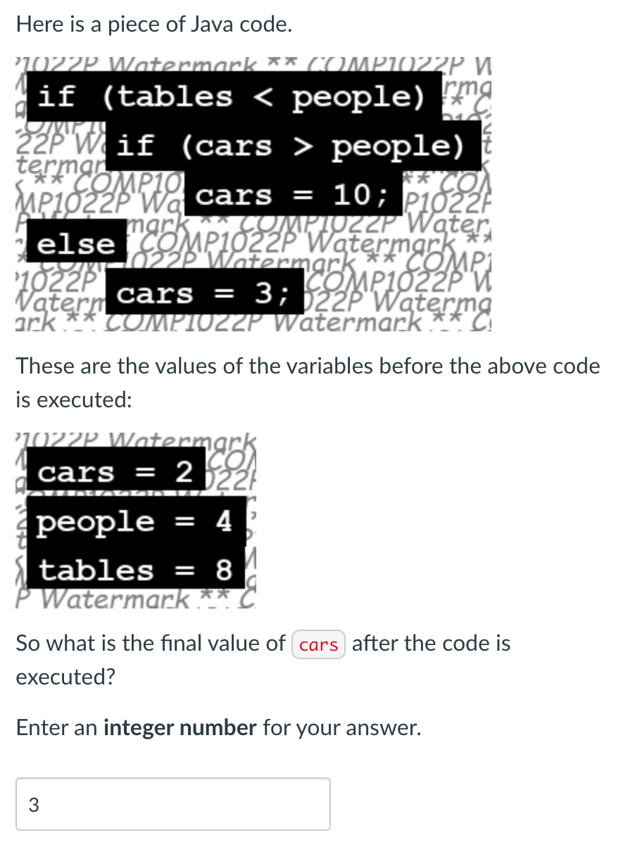 Solved Here is a piece of Java code. Watern cars =3; i p2p | Chegg.com