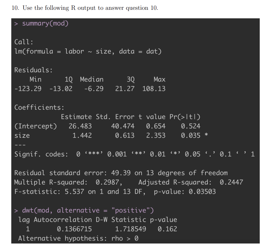Solved 10. Use the following R output to answer question 10 | Chegg.com