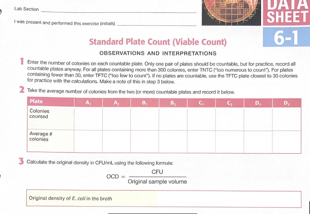 6 - 1 Standard Plate Count ( Viable Count ) | Chegg.com