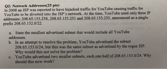 Solved Q2: Network Addresses(25 pts) In 2008 an ISP was | Chegg.com