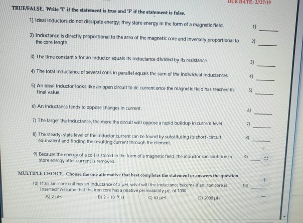Solved DUE DATE: 2//27/19 TRUEFALSE Write T if the statement | Chegg.com