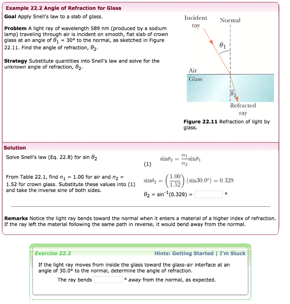 Solved Example 22.2 Angle of Refraction for Glass Goal Apply | Chegg.com