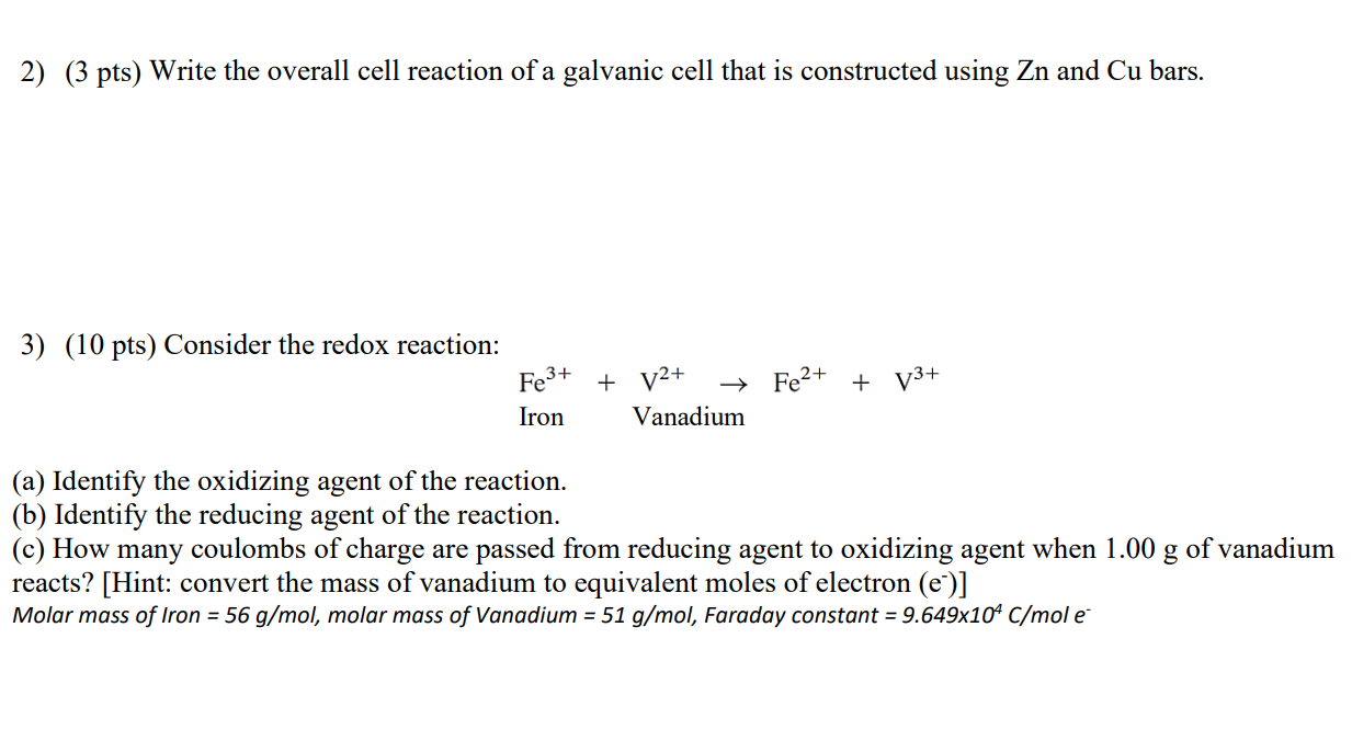 Solved 2) (3 pts) Write the overall cell reaction of a | Chegg.com