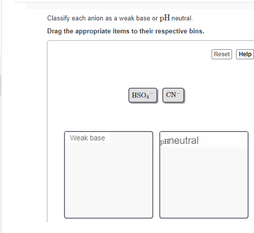 Solved Classify each anion as a weak base or pH neutral. | Chegg.com