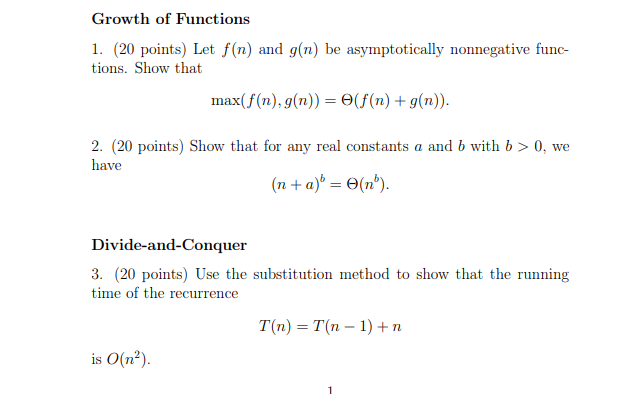 Solved Growth of Functions 1. (20 points) Let f(n) and g(n) | Chegg.com