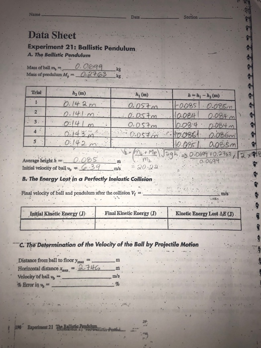 Solved Name Date Data Sheet Experiment 21: Ballistic | Chegg.com