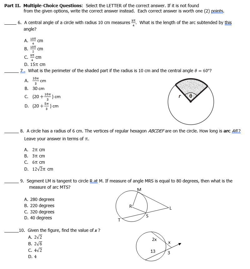 Solved Part II. Multiple-Choice Questions: Select the LETTER | Chegg.com