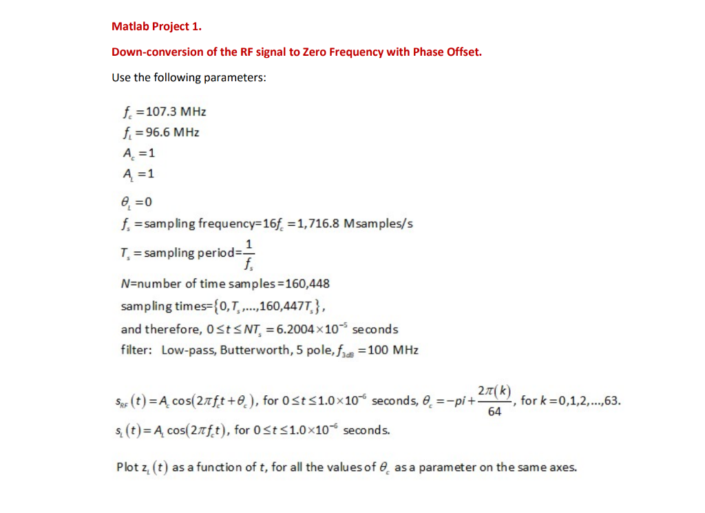 Solved Matlab Project 1. Down-conversion of the RF signal to | Chegg.com
