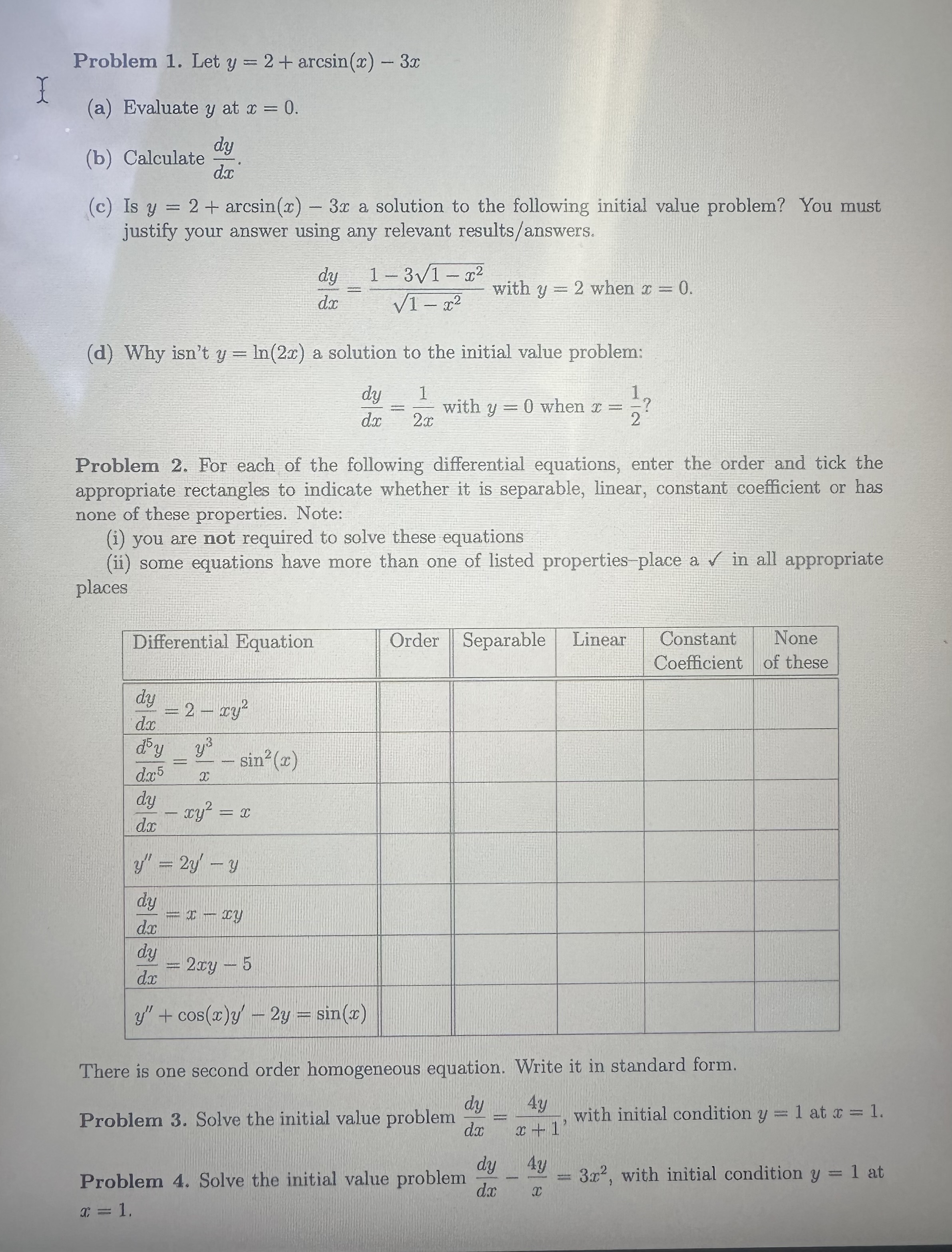 Solved Problem 1. Let y=2+arcsin(x)−3x (a) Evaluate y at | Chegg.com