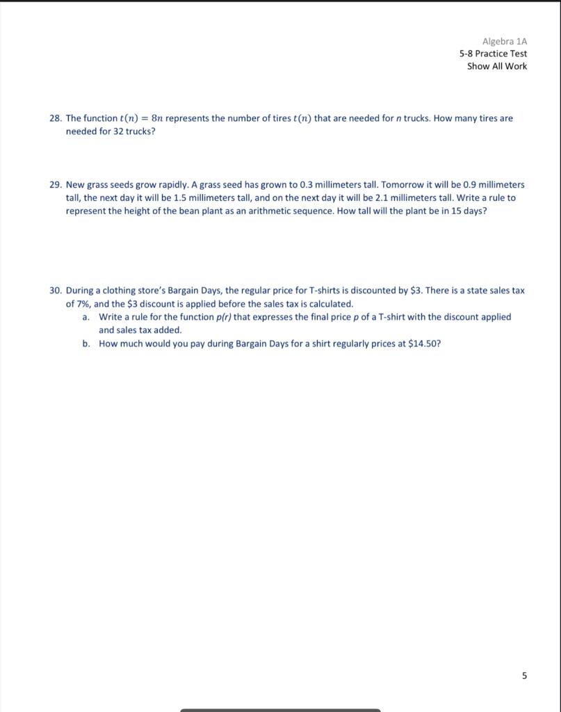 Solved Algebra 1A 5-8 Practice Test Show All Work 28. The | Chegg.com