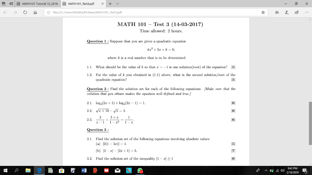 Solved そ5 |色MATH 101 Tutorial 10-2019. MATH 101-Test3.pdf × | Chegg.com