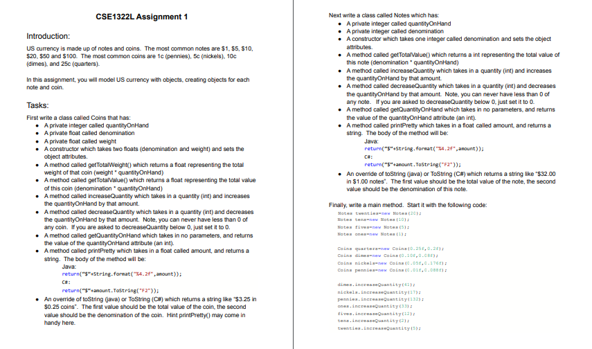 Solved CSE1322L Assignment 1 Introduction: US currency is | Chegg.com