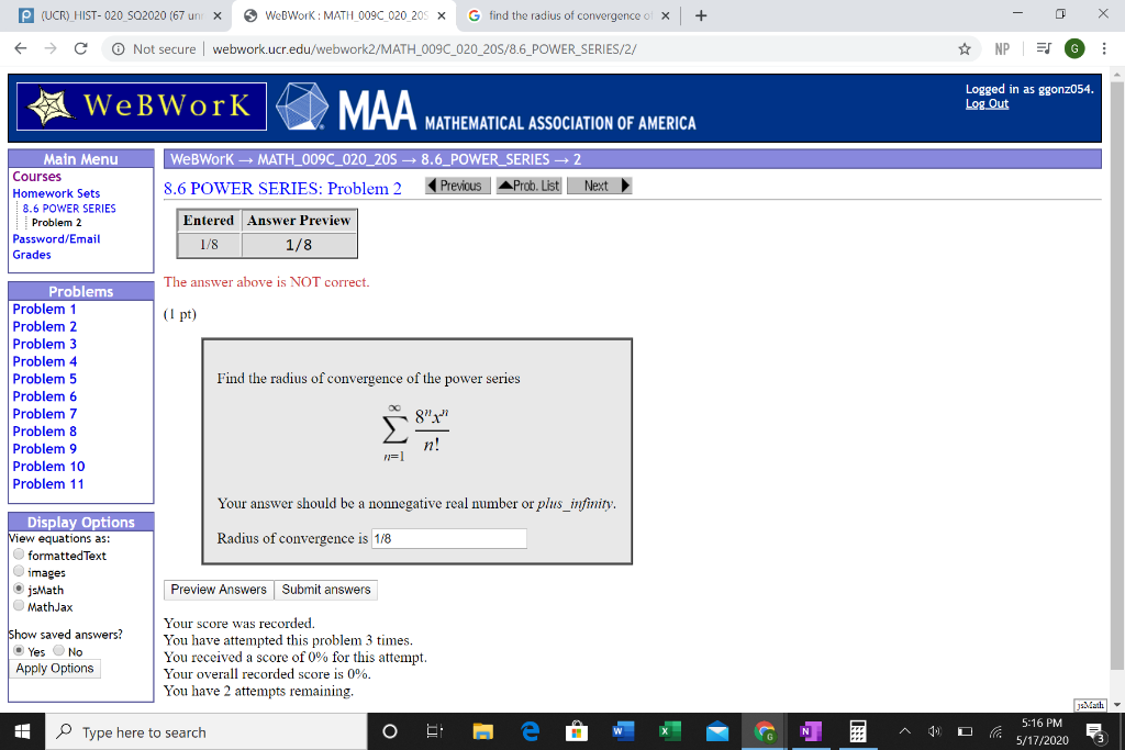 Solved P (UCR) HIST-020 SO2020 (67 un X WebWork: MATH 009C | Chegg.com
