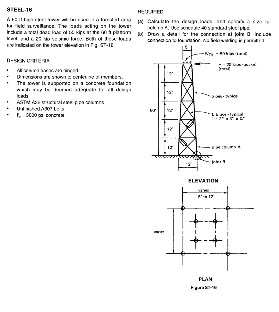 Solved STEEL-16 A 60 ft high steel tower will be used in a | Chegg.com