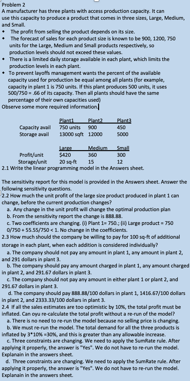 Problem 2 A manufacturer has three plants with access | Chegg.com