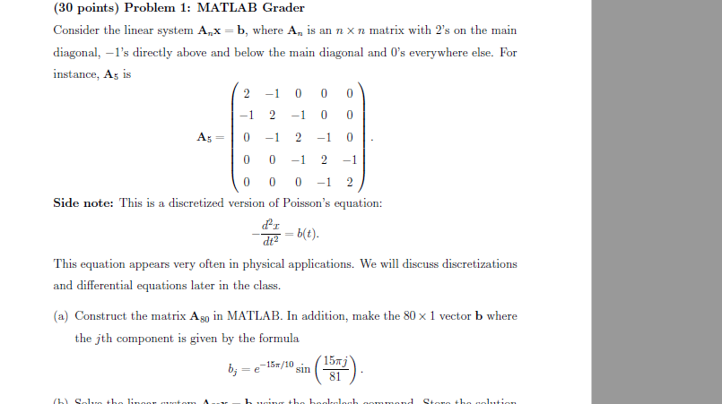 (30 points) Problem 1: MATLAB Grader Consider the | Chegg.com