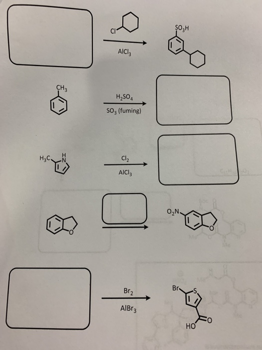 Solved SO,H Cl AICI CH H2SO4 SO3 (fuming) Cl2 AlcI O2N Br2 | Chegg.com