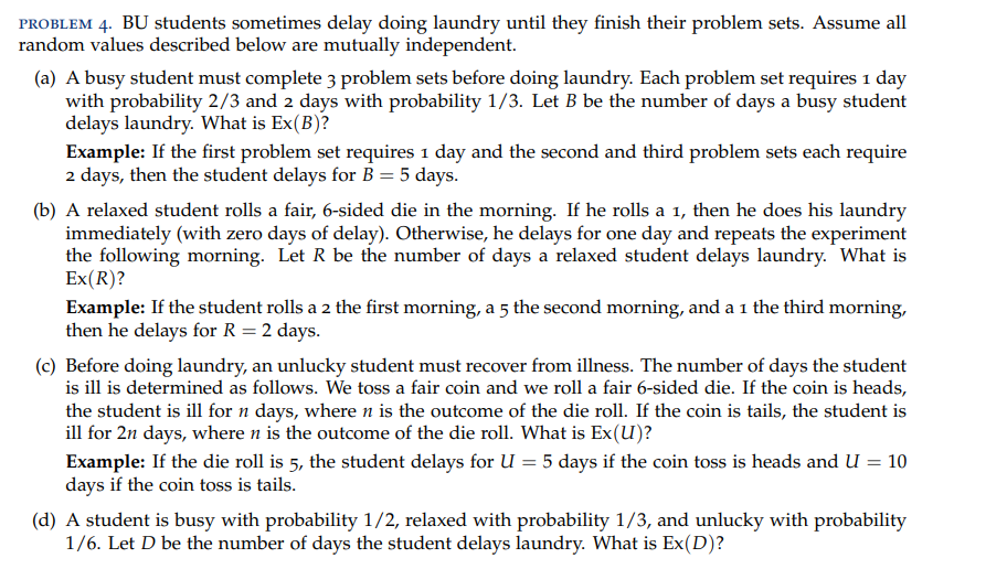 Solved PROBLEM 4. BU students sometimes delay doing laundry | Chegg.com