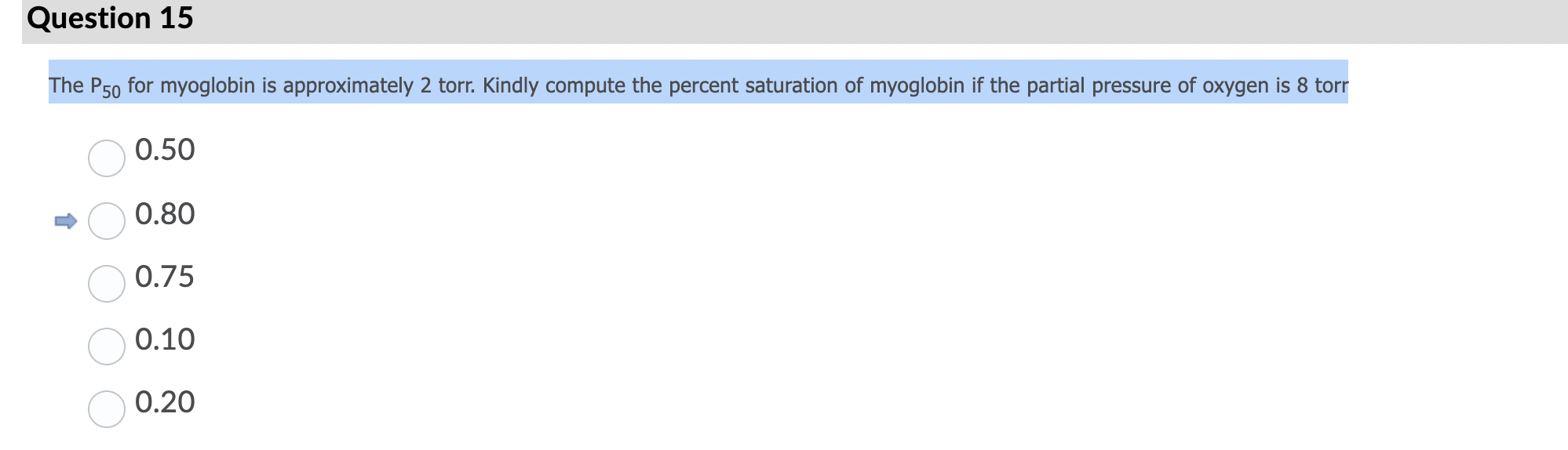 Solved Question 15 The P50 for myoglobin is approximately 2 | Chegg.com