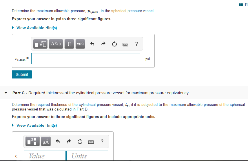 Solved Part A - Maximum allowable pressure in the | Chegg.com