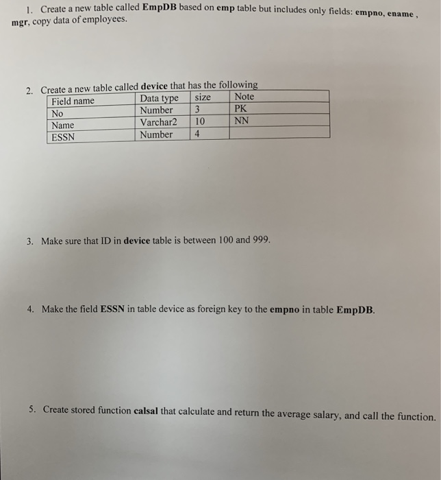 Solved 1. Create a new table called EmpDB based on emp table | Chegg.com