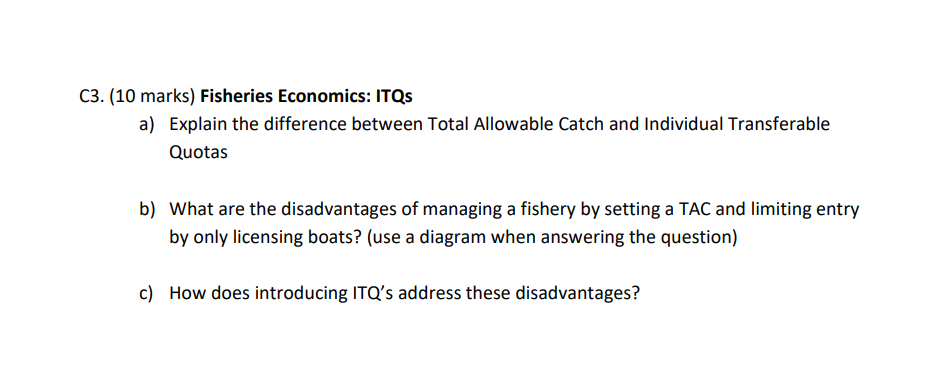 Solved C3. (10 marks) Fisheries Economics: ITQs a) Explain | Chegg.com