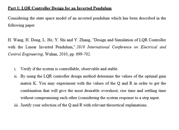 Part 1: LOR Controller Design for an Inverted | Chegg.com
