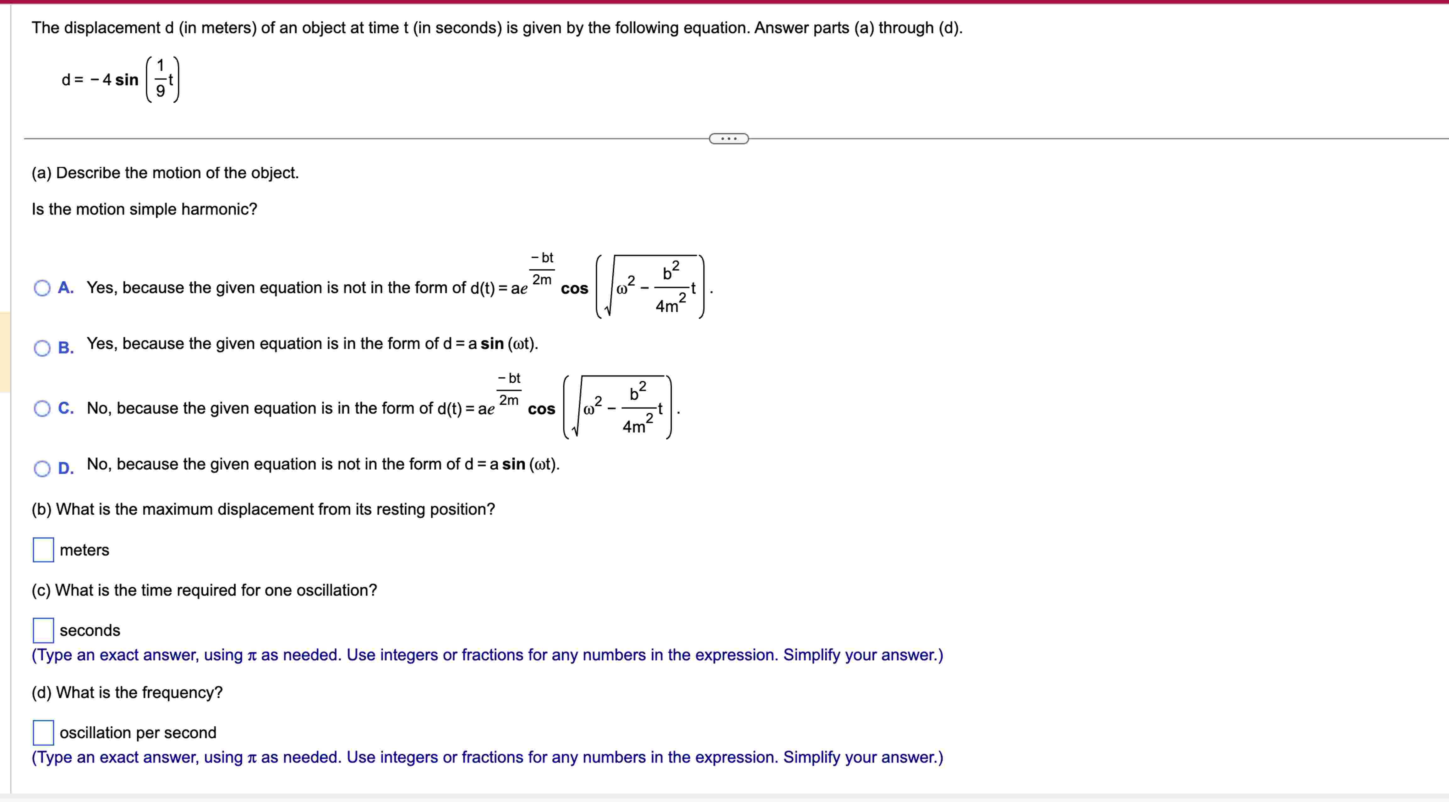 Solved The displacement d (in ﻿meters) of an ﻿object at | Chegg.com